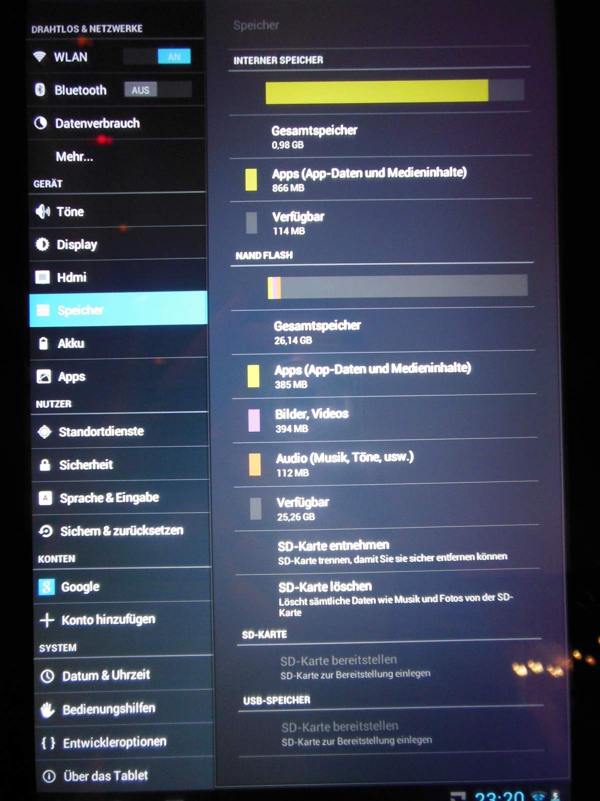 Tablet hat 32 GB internen Speicher, nach knapp 1 GB Apps ist der ...